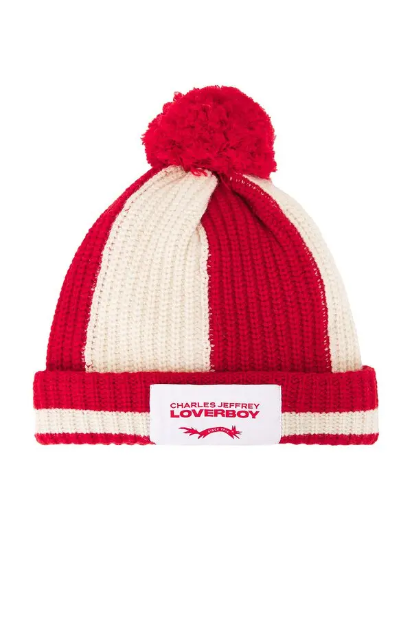 CHARLES JEFFREY Pompom Beanie - Red & Ecru