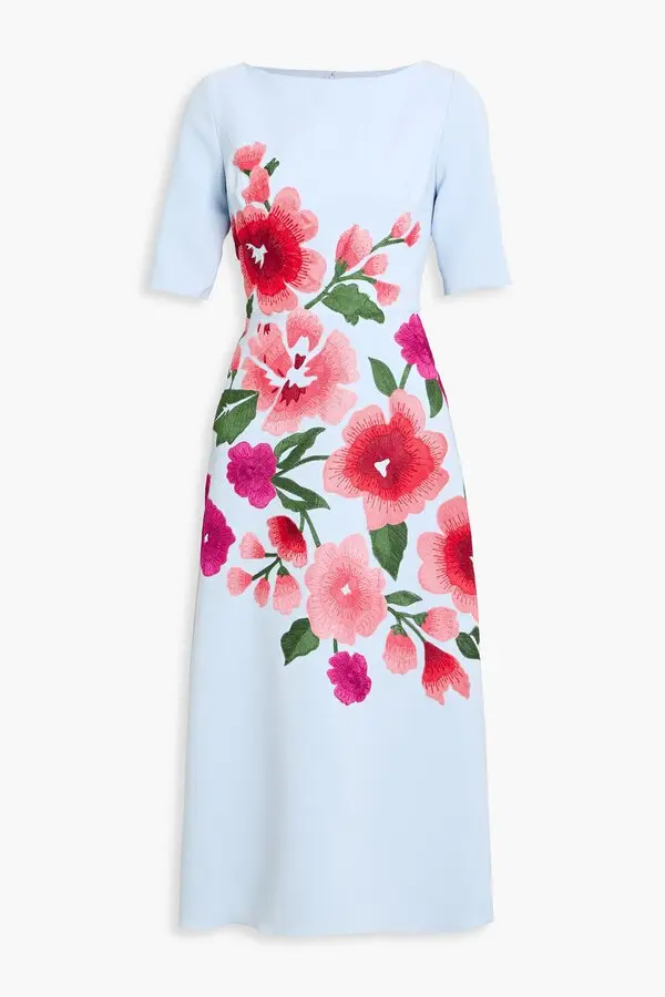 Carolina Herrera Embroidered Crepe Midi Dress - Light Blue