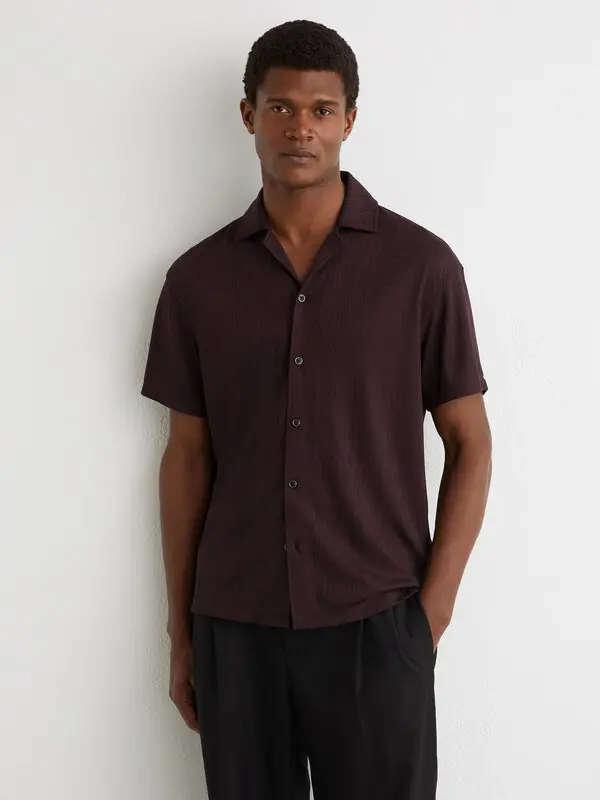 REISS Ando Jacquard-stripe Cuban-collar Shirt - Cherry Red