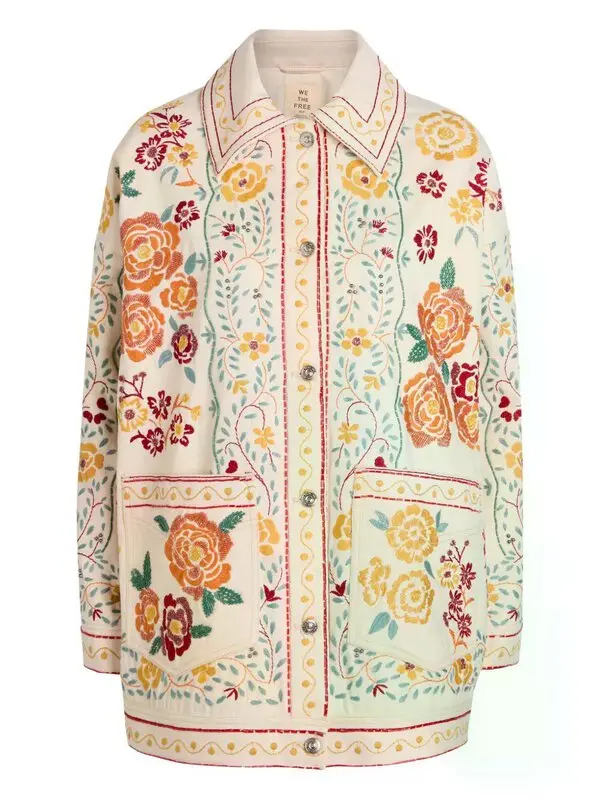 Free People Floral-embroidered Denim Jacket