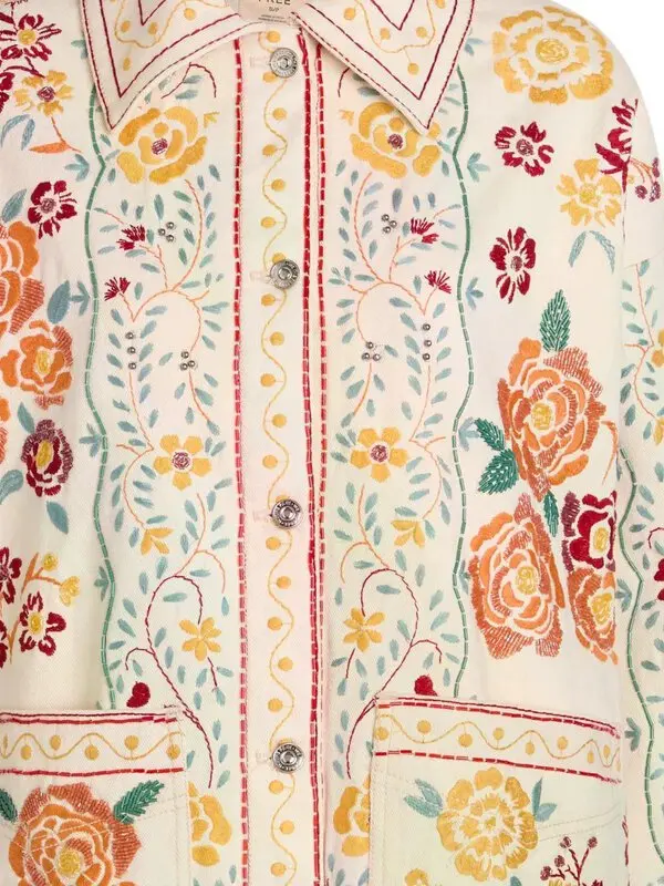 Free People Floral-embroidered Denim Jacket