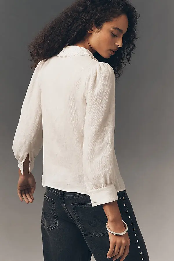 RAISONNEL Crinkled Cotton Ruffle Buttondown Top