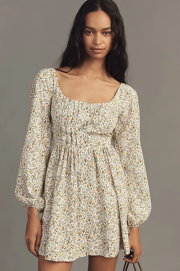 Anthropologie Long-sleeve Corset A-line Mini Dress - Printed Floral