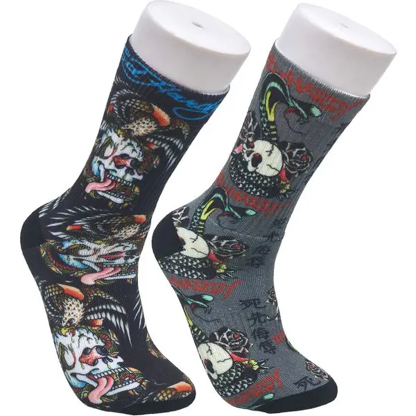 Ed Hardy Skull 360 Print Full Cushion Crew Socks 2-pack - Black