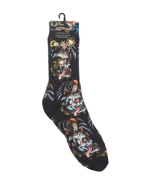 Ed Hardy Skull 360 Print Full Cushion Crew Socks 2 Pack - Black