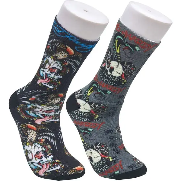 Ed Hardy Skull 360 Print Full Cushion Crew Socks 2 Pack - Black