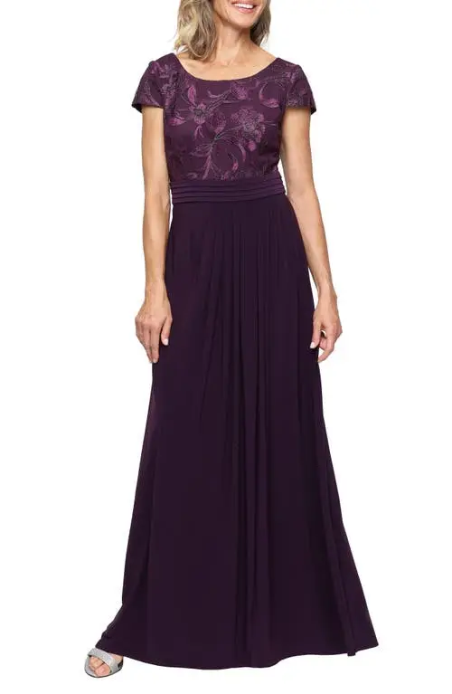 Alex Evenings Floral Embroidered Empire Waist A-line Gown