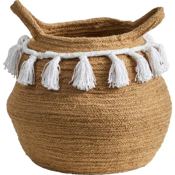 NEARLY NATURAL 11-in Boho Chic Handmade Natural Cotton Woven Basket Planter With Tassels - Beige