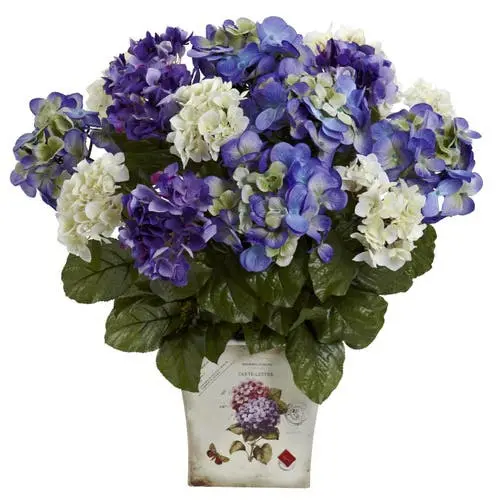 NEARLY NATURAL Mixed Hydrangea With Floral Planter - Blue/purple