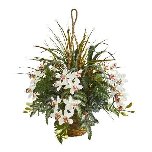 NEARLY NATURAL 29-in Cymbidium Orchid And Mixed Greens Artificial Plant Hanging Basket - White