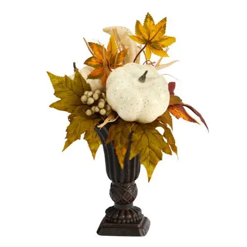 NEARLY NATURAL 13-in Fall Pumpkin And Berries Artificial Autumn Arrangement In Decorative Urn - Orange