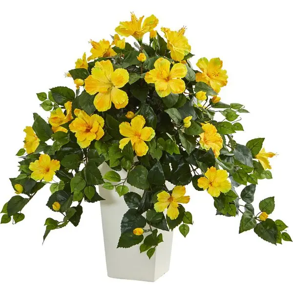 NEARLY NATURAL Hibiscus Artificial Plant In White Tower Planter - Yellow