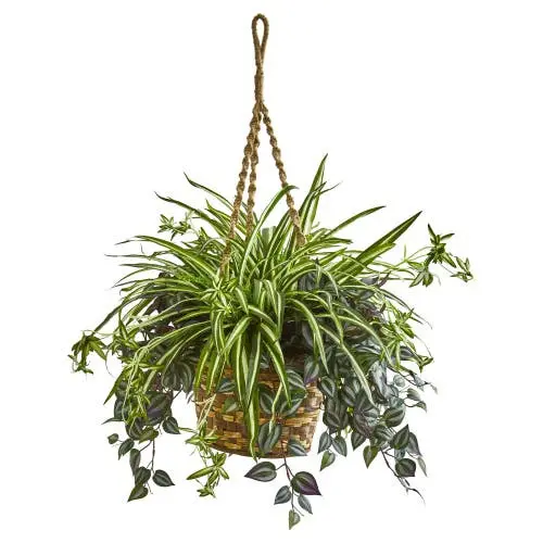 NEARLY NATURAL 30-in Wandering Jew & Spider Artificial Plant In Hanging Basket - Green