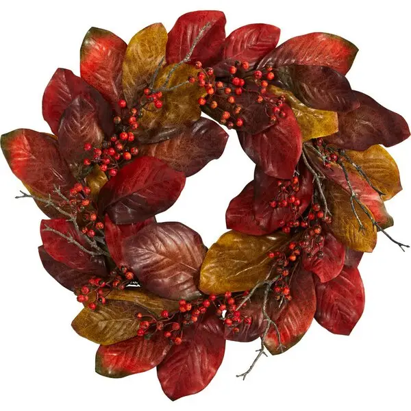 NEARLY NATURAL 24-in Harvest Magnolia Leaf And Berries Artificial Wreath - Orange