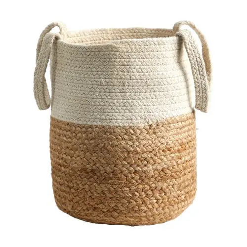 NEARLY NATURAL 12.5-in Handmade Natural Jute And Cotton Basket Planter - Beige