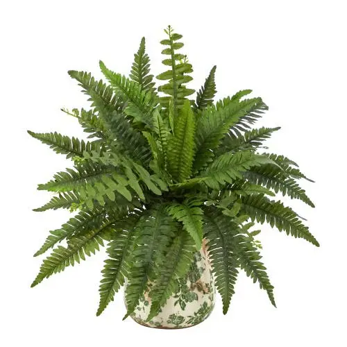 NEARLY NATURAL 15-in Boston Fern Artificial Plant With Tuscan Ceramic Scroll Planter - Green