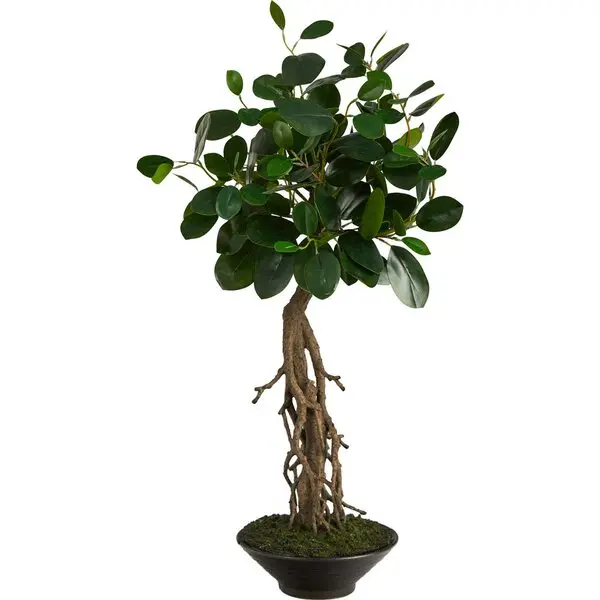 NEARLY NATURAL 2-ft Ficus Bonsai Artificial Tree In Decorative Planter - Green