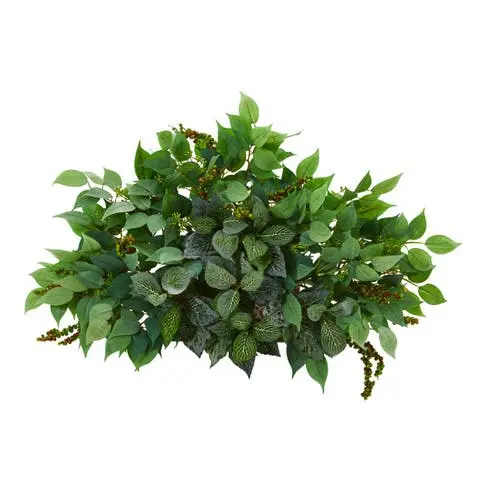 NEARLY NATURAL 20-in Mixed Ficus And Fittonia Artificial Ledge Plant - Green