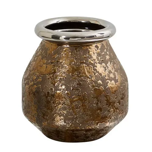 NEARLY NATURAL 9.5-in Textured Bronze Vase With Silver Rim - Copper