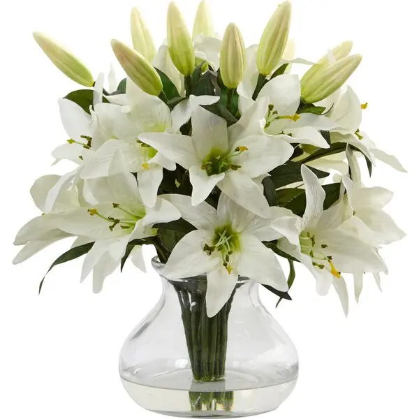 NEARLY NATURAL 13.5-in Lily Artificial Arrangement With Glass Vase - White
