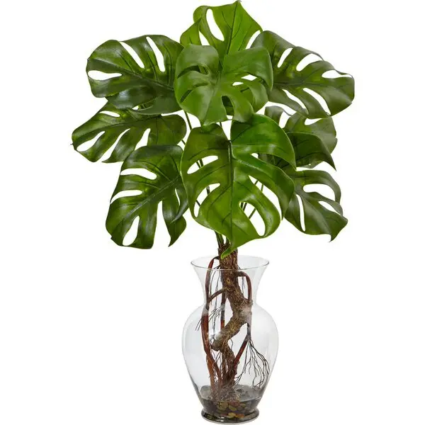 NEARLY NATURAL 26-in Monstera Plant In Rocks With Glass Vase - Green