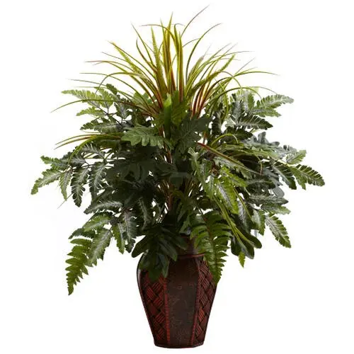 NEARLY NATURAL Mixed Grass & Fern With Decorative Planter - Green