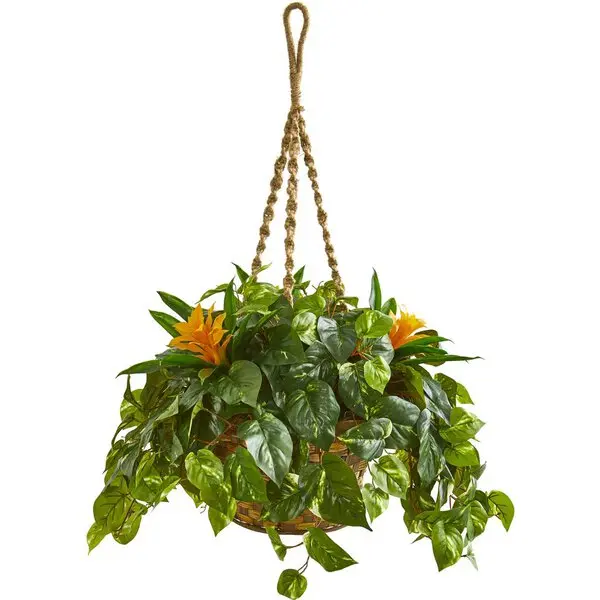 NEARLY NATURAL 31-in Bromeliad & Pothos Artificial Plant In Hanging Basket - Green