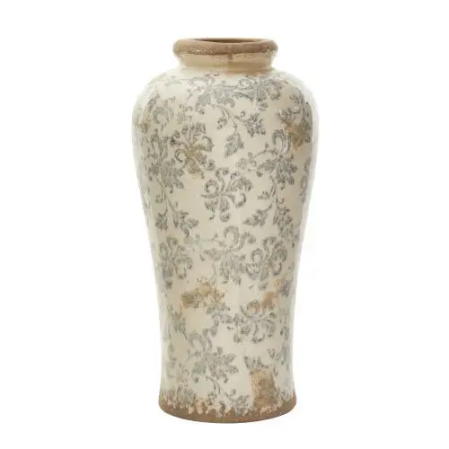 NEARLY NATURAL 16-in Tuscan Ceramic Floral Scroll Urn Vase - Green