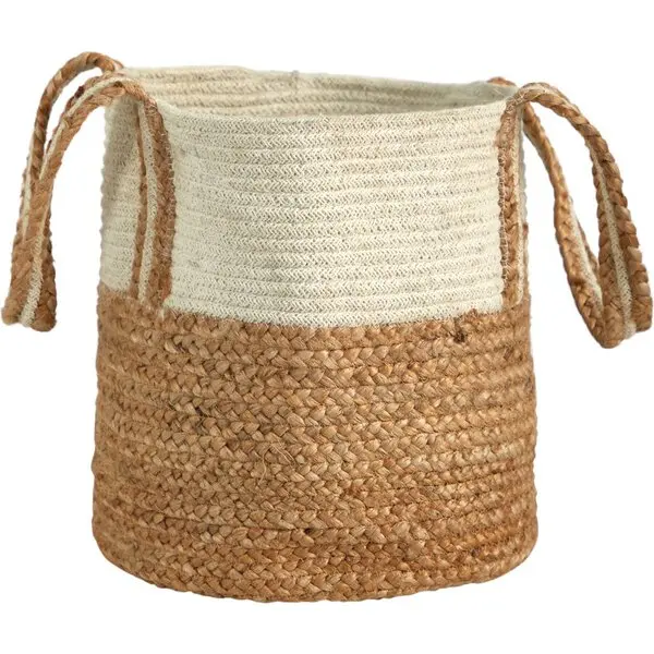 NEARLY NATURAL 14-in Boho Chic Basket Planter Natural Cotton And Jute With Handles - Beige/cream