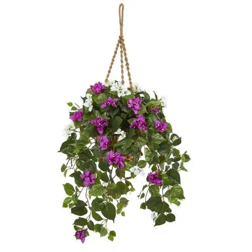 NEARLY NATURAL 30-in Mixed Bougainvillea Artificial Plant Hanging Basket - Purple