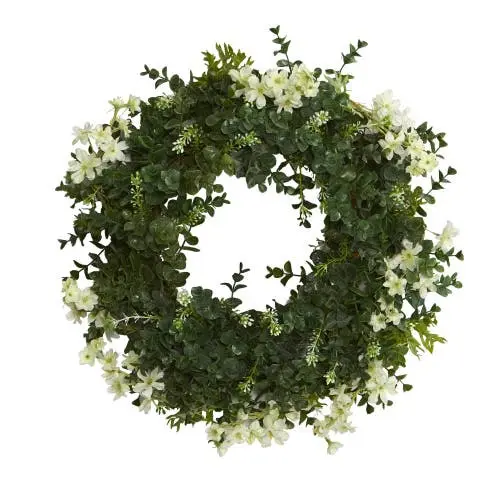 NEARLY NATURAL 18-in Eucalyptus And Dancing Daisy Double Ring Artificial Wreath With Twig Base - Green