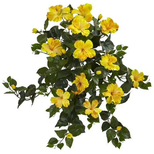 NEARLY NATURAL 24-in Hibiscus Hanging Artificial Plant - Yellow