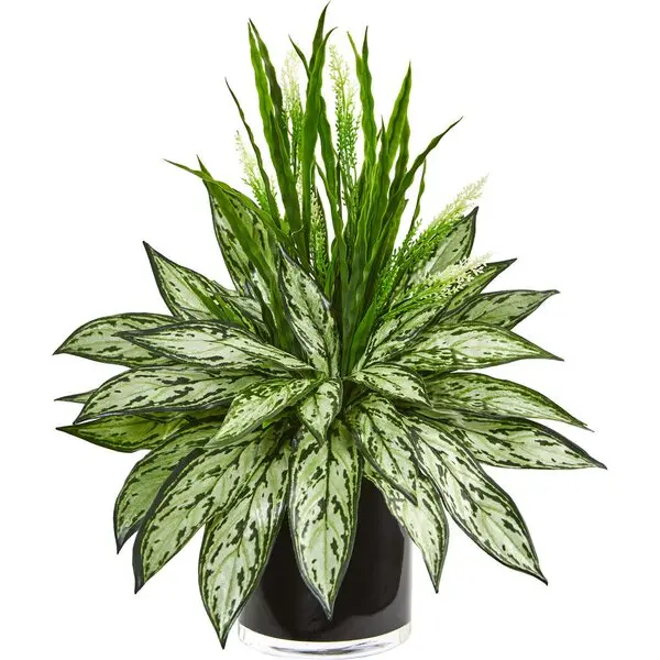 NEARLY NATURAL Silver Queen And Grass Artificial Plant In Black Vase - Green