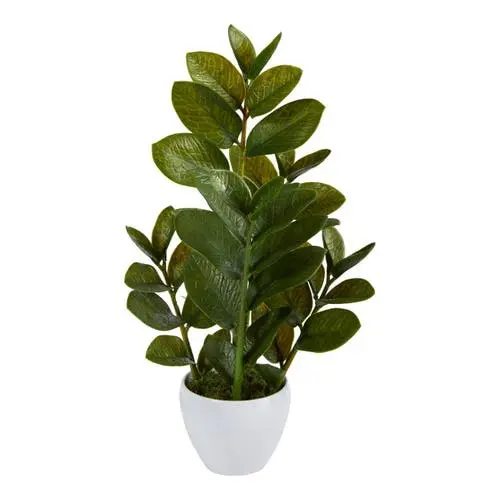 NEARLY NATURAL 22-in Zamioculcas Artificial Plant In White Planter - Green