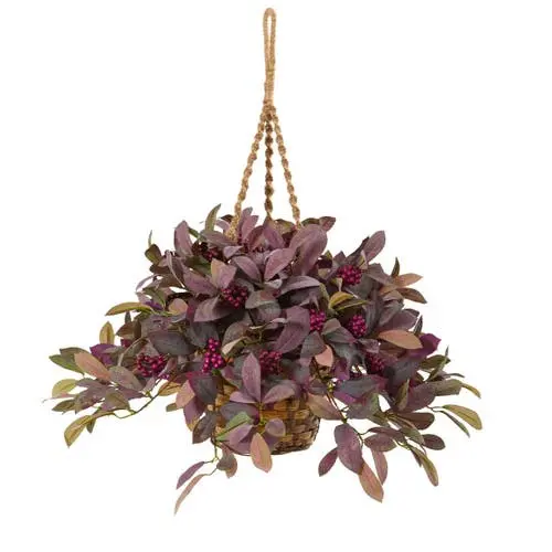 NEARLY NATURAL 28-in Fall Laurel Leaf With Berries Artificial Plant In Hanging Basket - Lavender