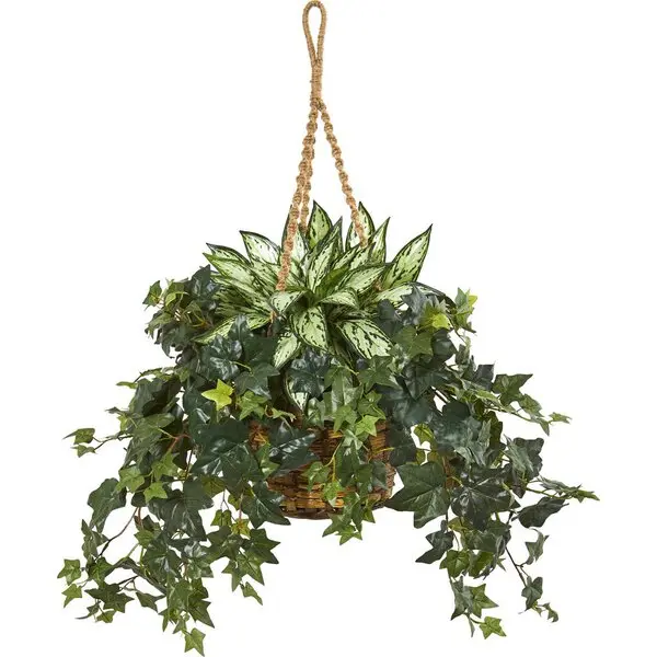 NEARLY NATURAL 30-in Silver Queen And Ivy Artificial Plant In Hanging Basket - Green