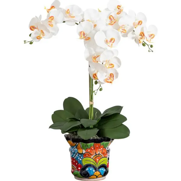 NEARLY NATURAL 27-in Artificial Triple Orchid Arrangement In Handmade Mexican Talavera Ceramic Planter - Green