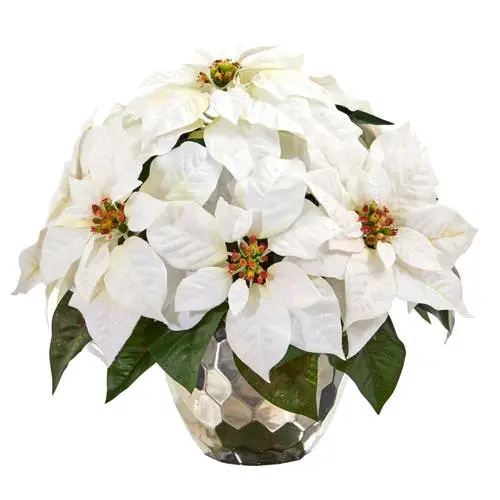 NEARLY NATURAL 14-in Poinsettia Artificial Arrangement In Designer Silver Bowl - White