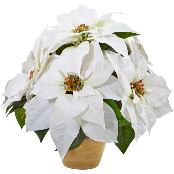 NEARLY NATURAL Poinsettia Artificial Arrangement In Ceramic Vase - White