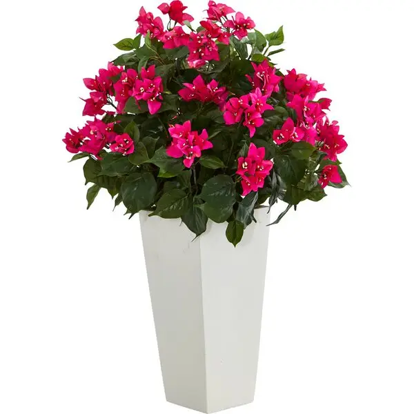 NEARLY NATURAL Bougainvillea Artificial Plant In White Tower Planter - Pink