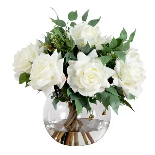 NEARLY NATURAL Wedding Collection 16-in Artificial Roses And Mixed Greens Arrangement In Glass Vase - Green/white