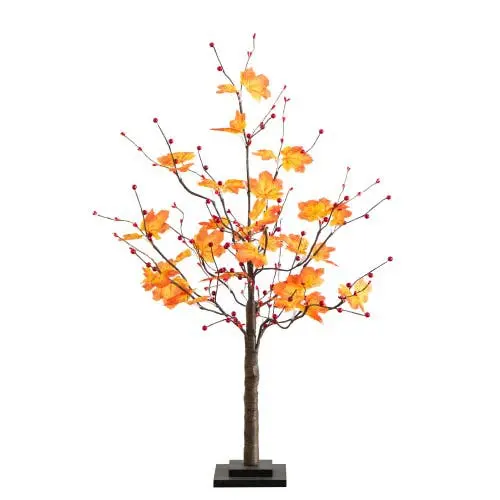 NEARLY NATURAL 3-ft Pre-lit Autumn Maple Artificial Fall Tree With Berries And 36 Warm White Led Lights - Orange