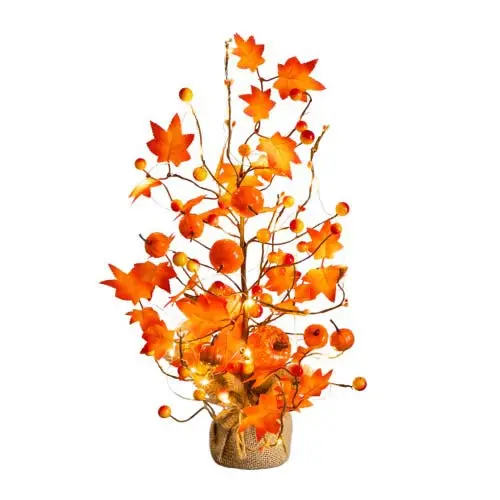 NEARLY NATURAL 18-in Pre-lit Artificial Maple Tree With Pumpkin Ornaments And 30 Led String Lights In Burlap Wrapped Base Base - Orange