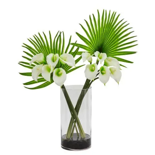 NEARLY NATURAL Calla Lily And Fan Palm Artificial Arrangement In Cylinder Glass Vase - Cream