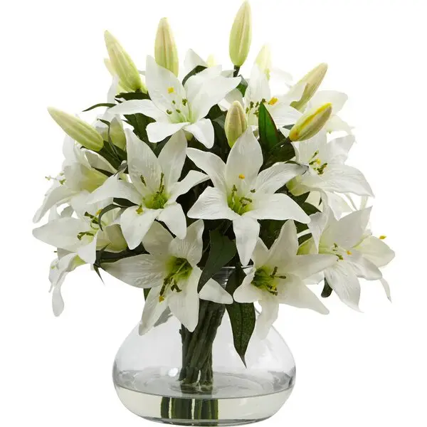 NEARLY NATURAL 16-in Lily Artificial Arrangement With Glass Vase - White