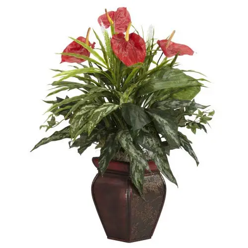 NEARLY NATURAL 26-in Mixed S & Anthurium W/decorative Vase Artificial Plant - Green