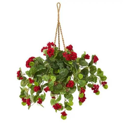 NEARLY NATURAL 27-in Geranium Artificial Plant In Hanging Basket - Red