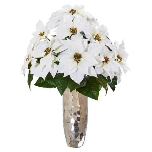 NEARLY NATURAL Poinsettia Artificial Arrangement In Silver Cylinder Vase - White