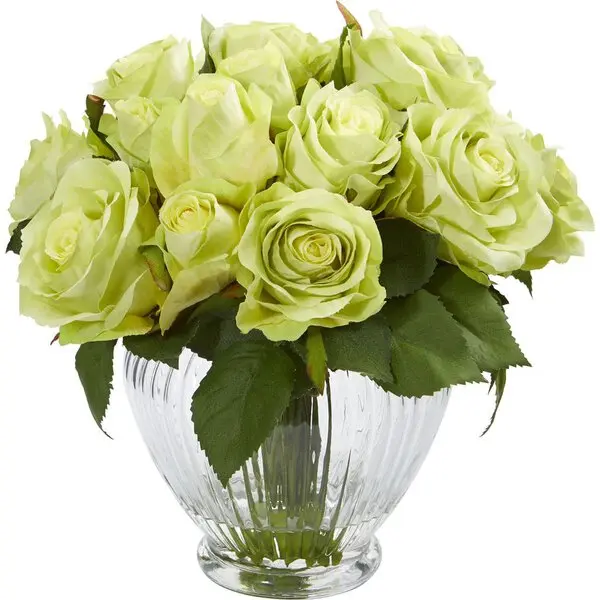 NEARLY NATURAL 9-in Rose Artificial Floral Arrangement In Elegant Glass Vase - Green