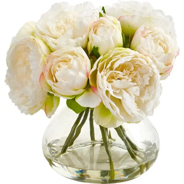 NEARLY NATURAL Peony Artificial Arrangement In Vase - White